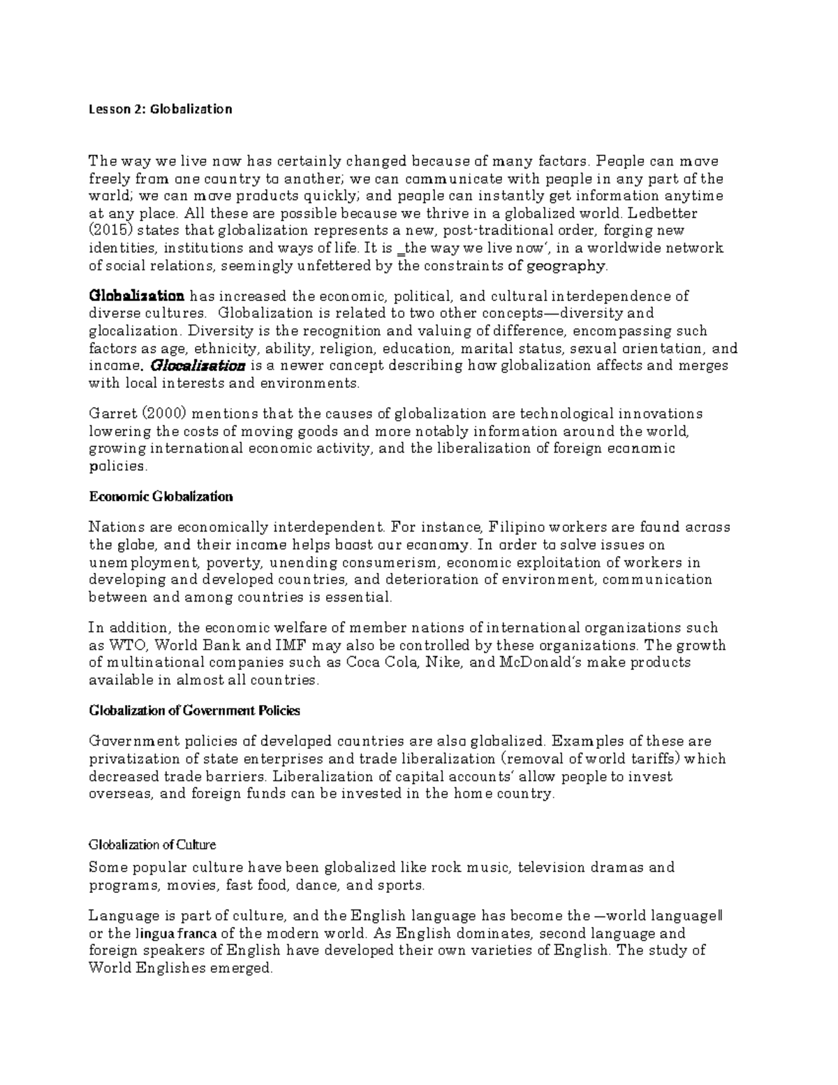 Lesson 2 Globalization - Lesson 2: Globalization The way we live now ...