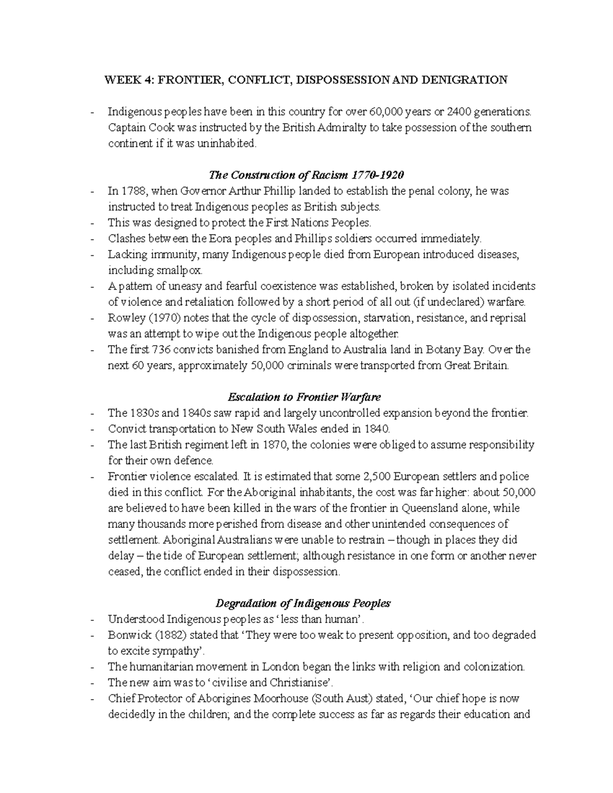 Week 4 SCS130 Lecture Notes - WEEK 4: FRONTIER, CONFLICT, DISPOSSESSION ...