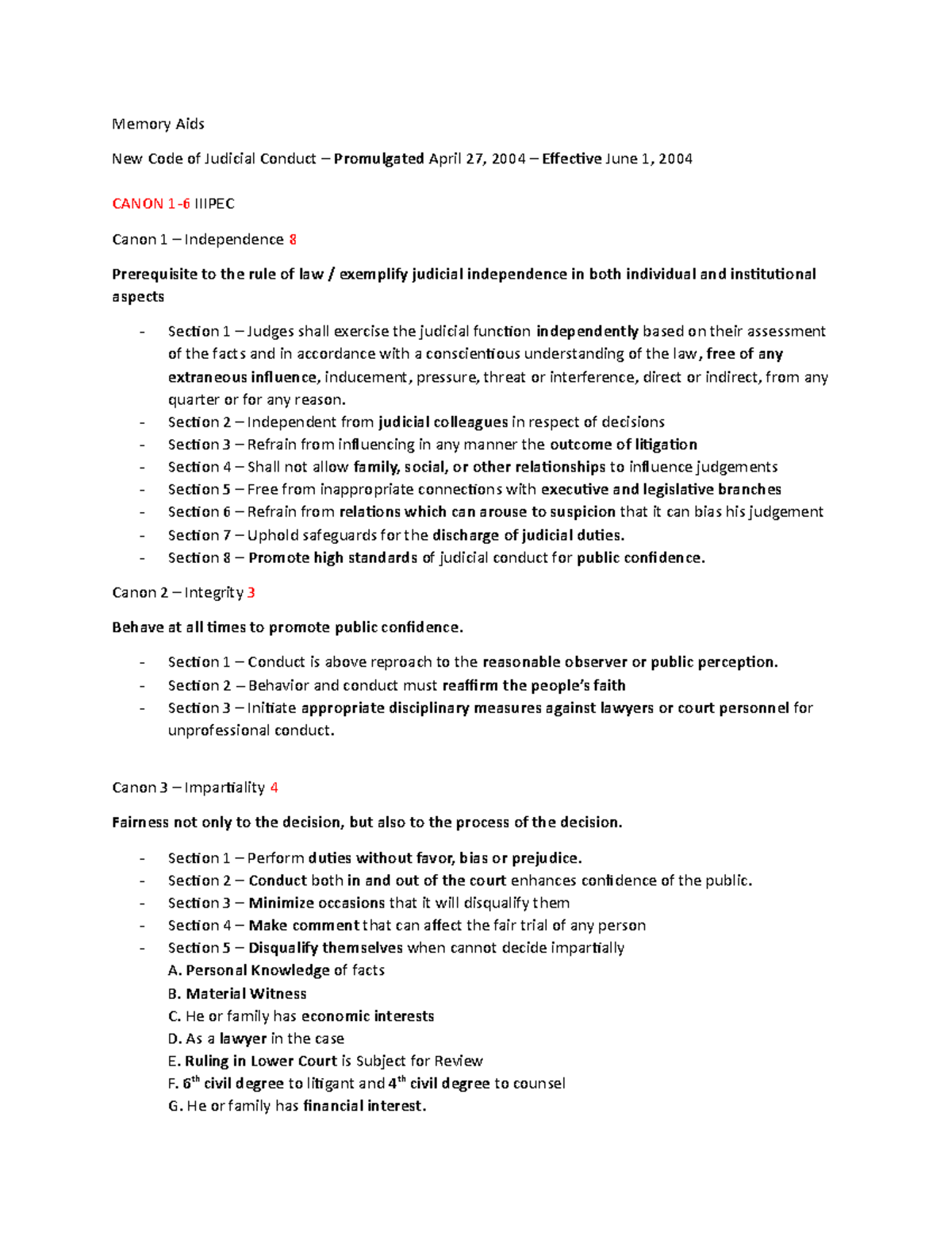 Memory-Aids-Finals - Nice - Memory Aids New Code of Judicial Conduct ...