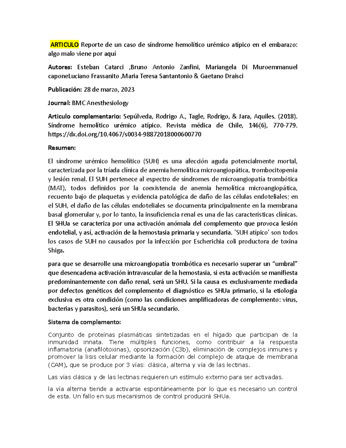 Articulo Reporte de un caso de síndrome hemolítico urémico atípico en ...
