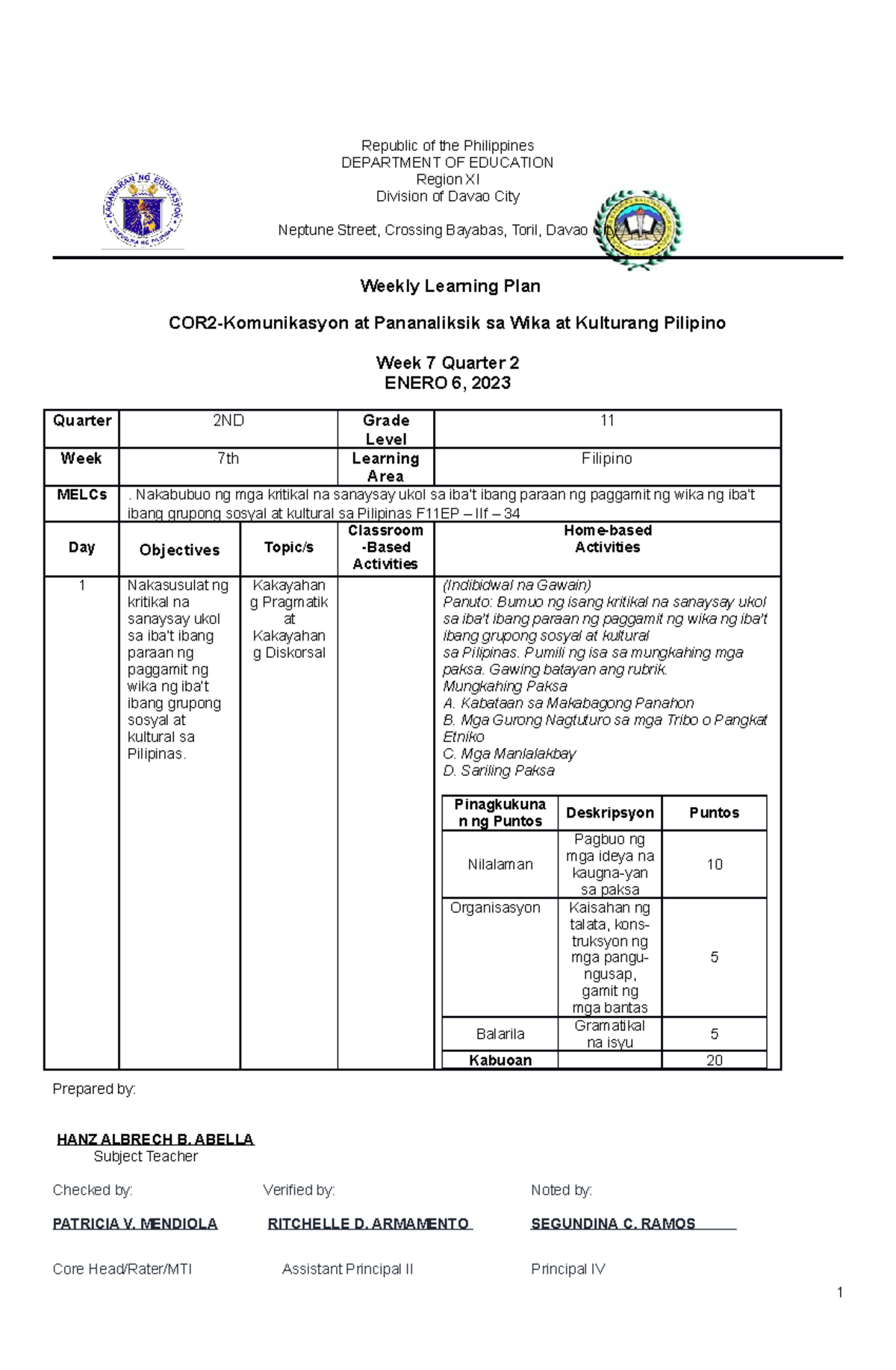 WLP Q2 JAN 6 HANZ - Detailed Plan (Weekly Learning Plan) - Republic of ...