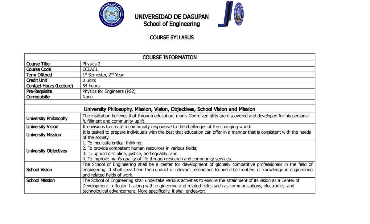 Physics 2 Bsece - Syllabus ECEAC1 - School of Engineering COURSE ...