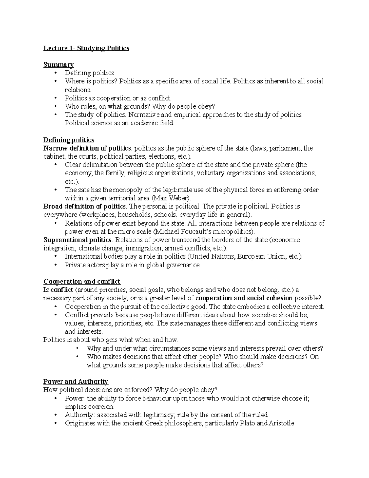 Lecture 1- Studying Politics - Lecture 1- Studying Politics Summary ...