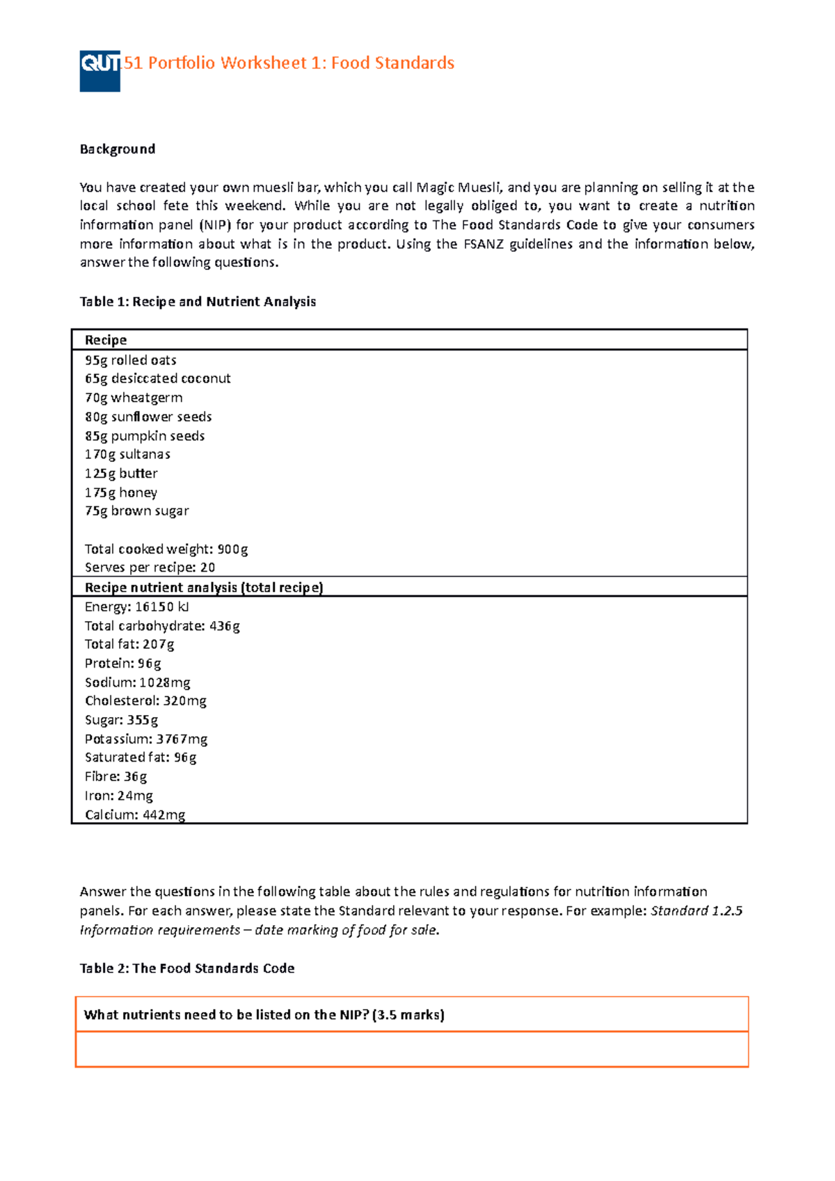 1 Template Food standards - XNB151 - QUT - Studocu