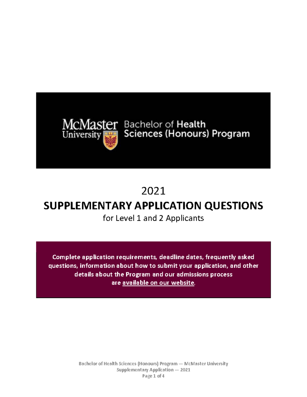 Supp App Questions L1 and L2 2021 Final - Bachelor of Health Sciences ...