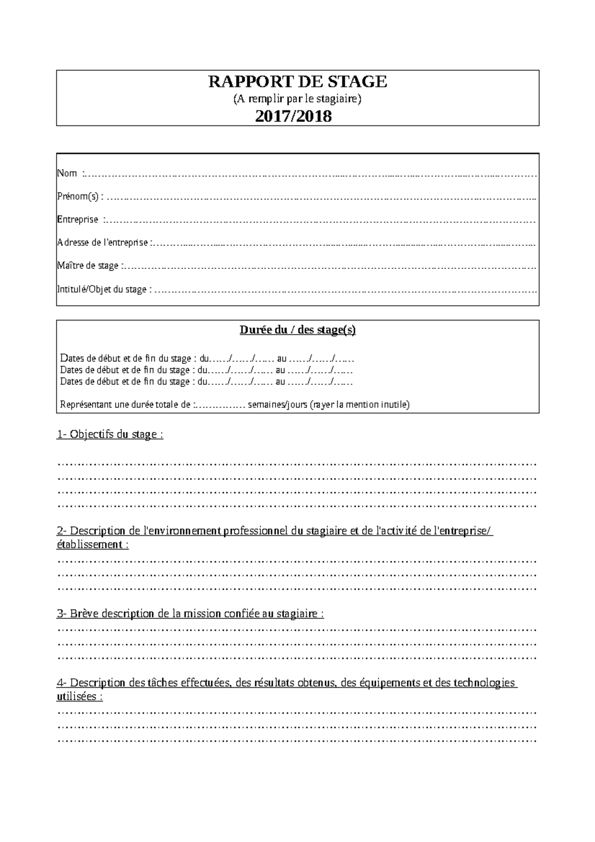 Modele- Rapport- Stage - RAPPORT DE STAGE (A remplir par le stagiaire ...