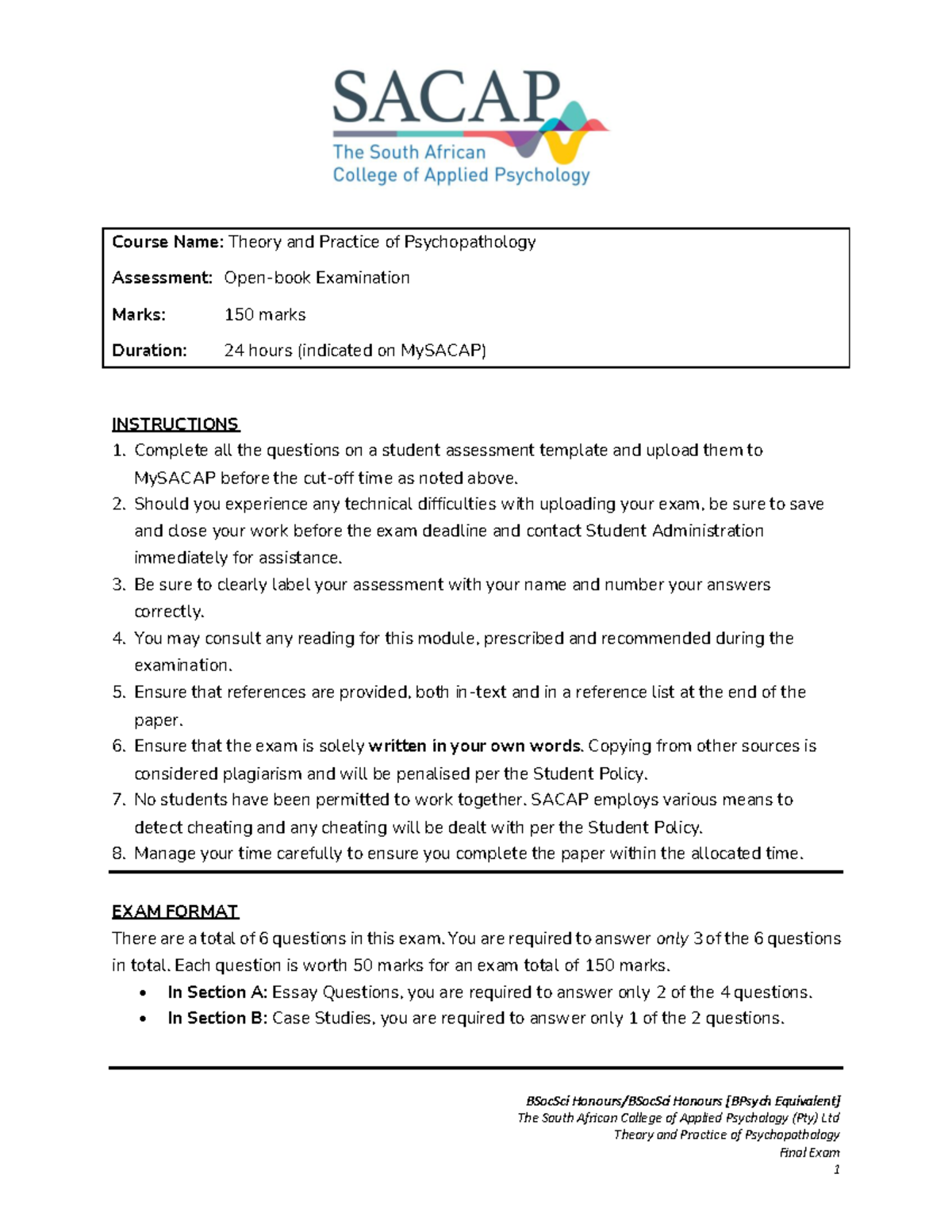 Theory and Practice of Psychopathology Exam Term 1 2024 - BSocSci ...