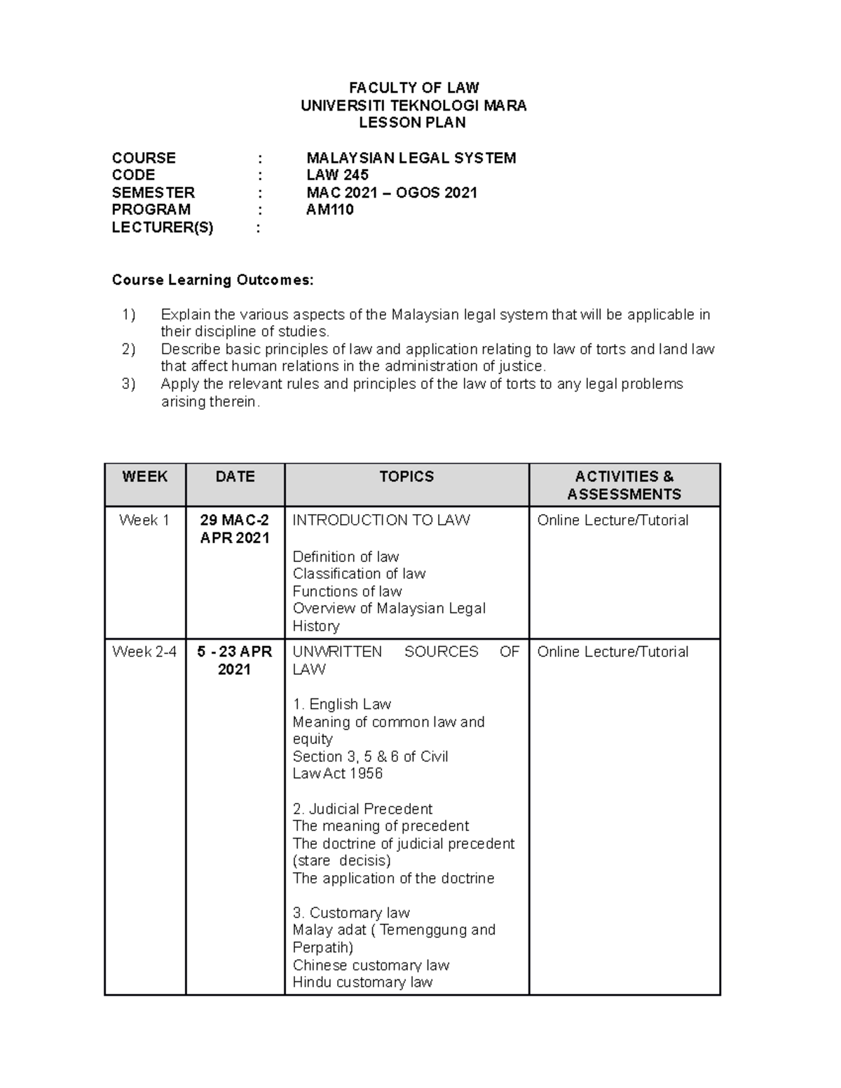 UITM LESSON PLAN/CALENDAR PLAN LAW245 MAC 2021 - FACULTY OF LAW ...