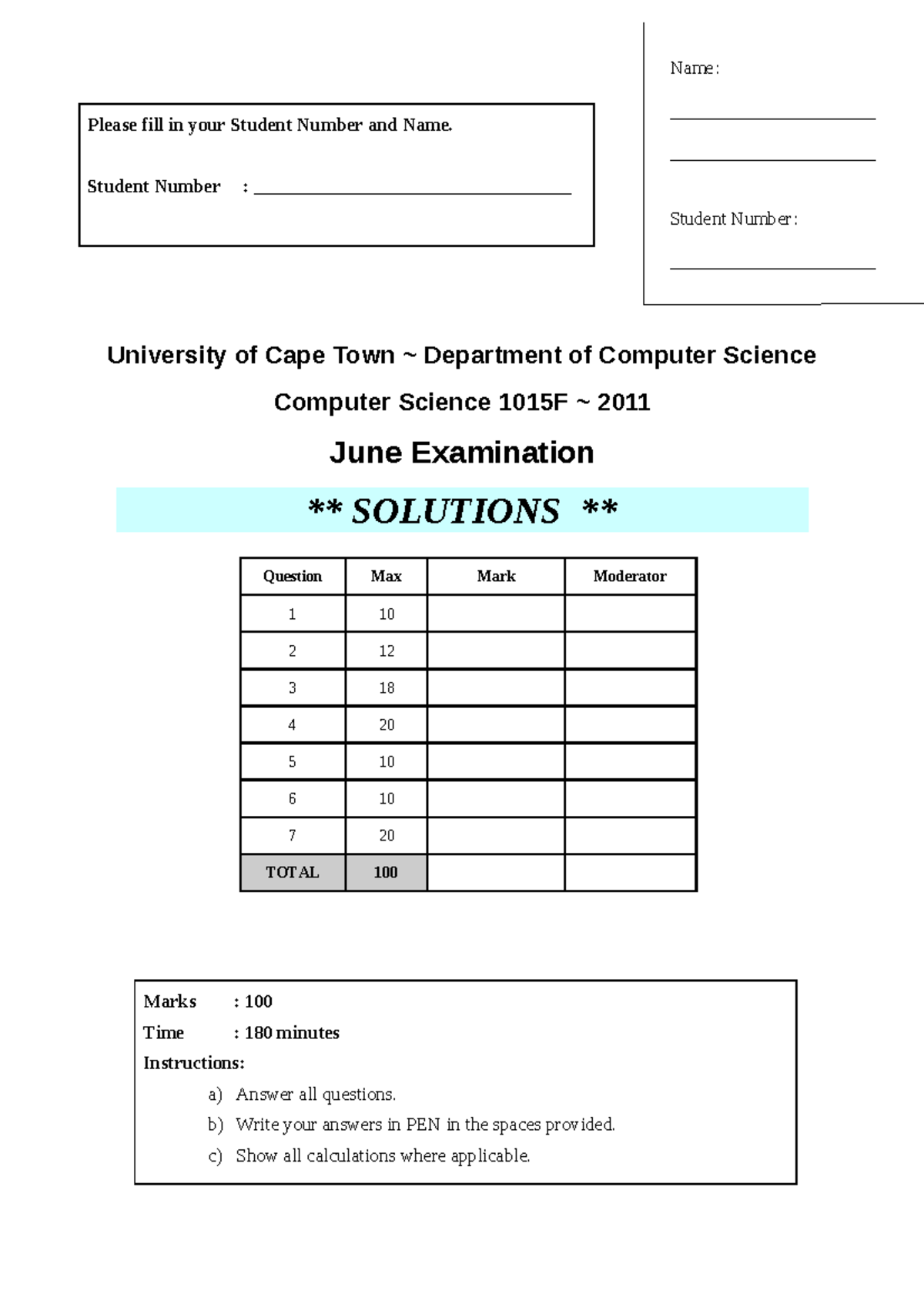 Csc1015f 2011 exam june solutions - University of Cape Town ...