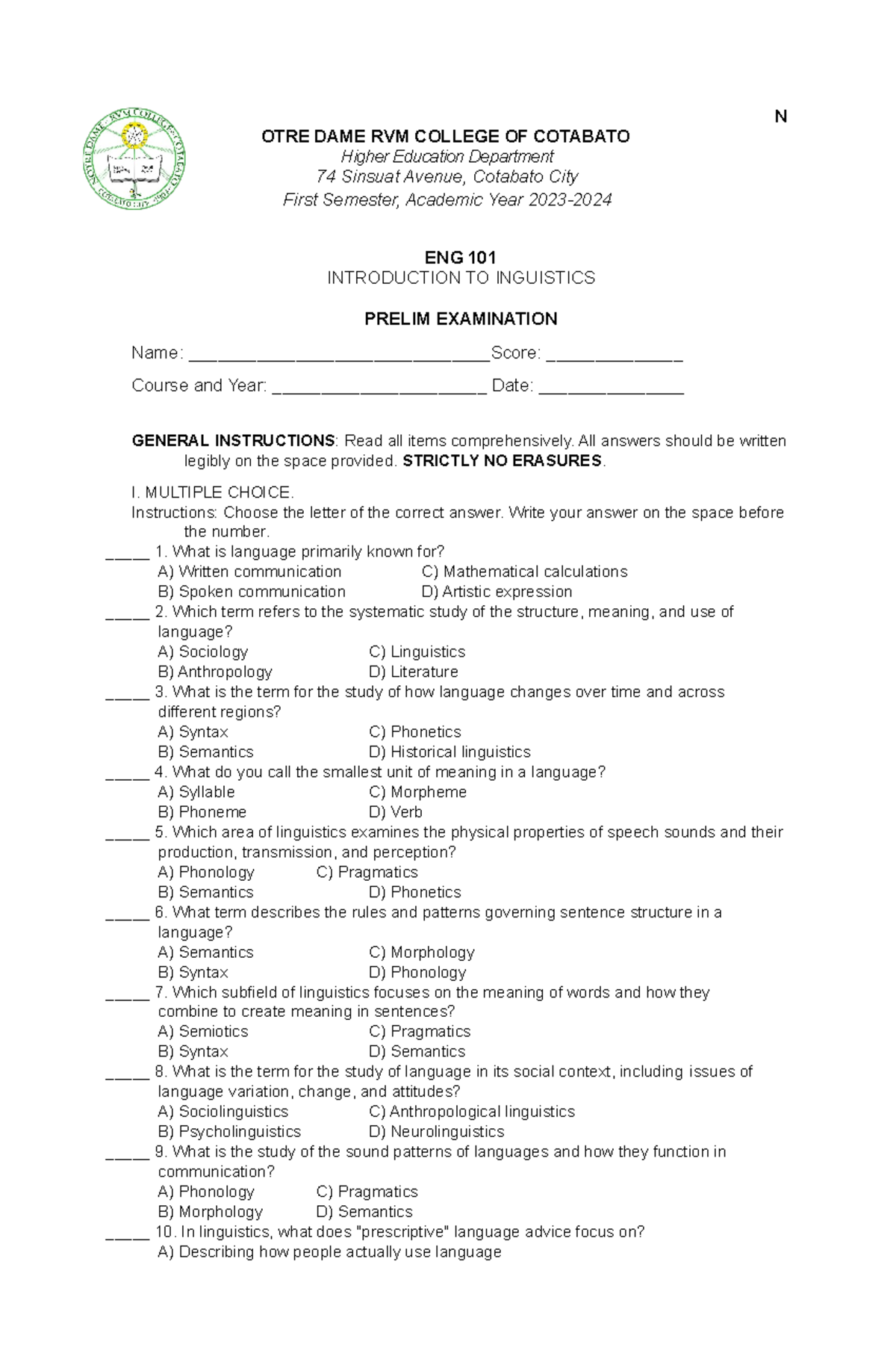 ENG 101 Prelim Exam - intro to Linguistics exam - N OTRE DAME RVM ...