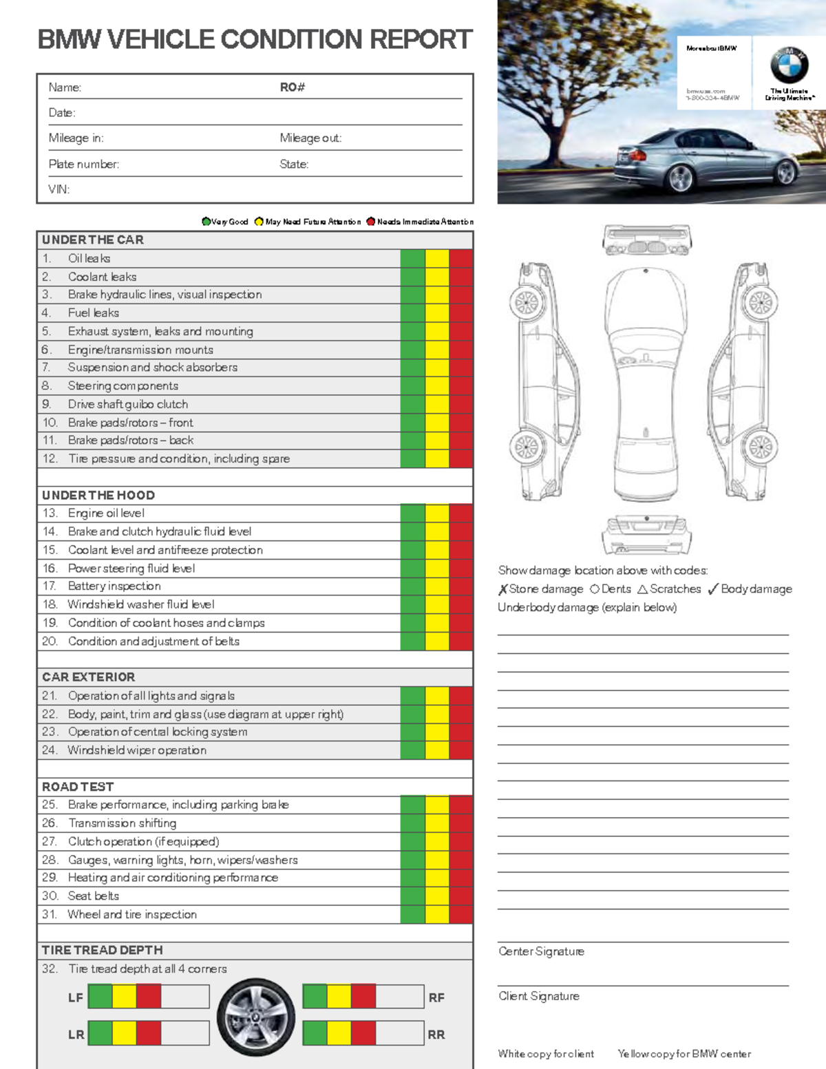 BMW Vehicle Condition Report - Center Signature Client Signature Show ...
