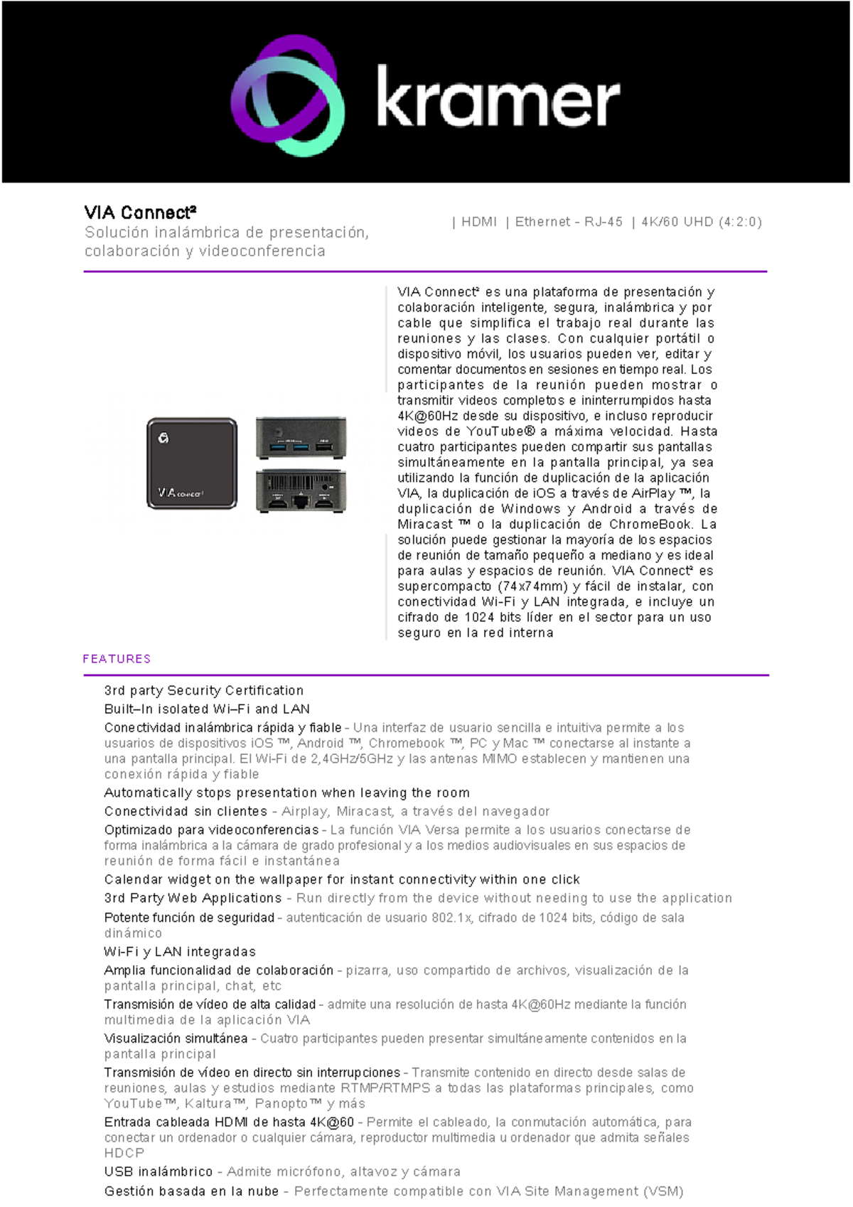 VIA Connect² Datasheet Kramer - VIA Connect² Solución inalámbrica de ...