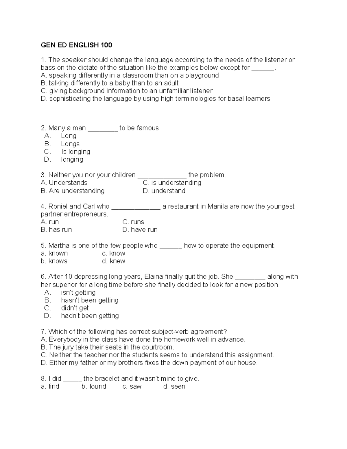 GEN ED English 100 - Review - GEN ED ENGLISH 100 The speaker should ...