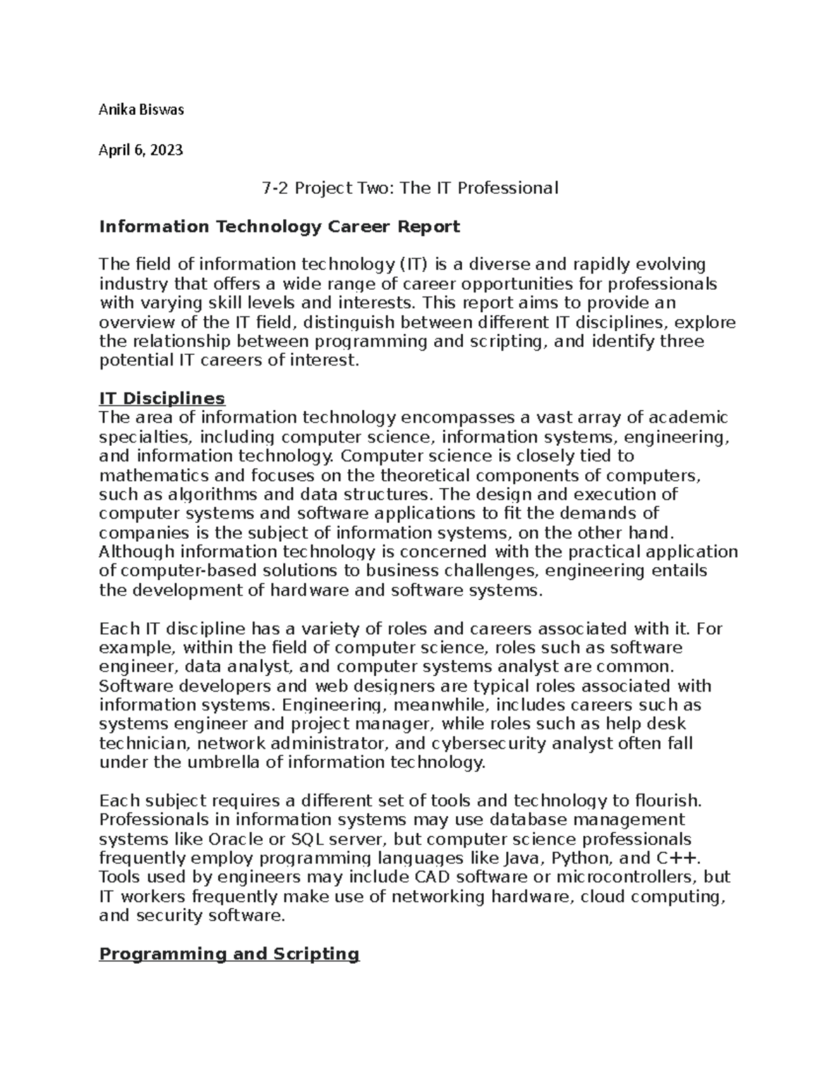 7-2 Project Two- The IT Professional - Anika Biswas April 6, 2023 7-2 ...