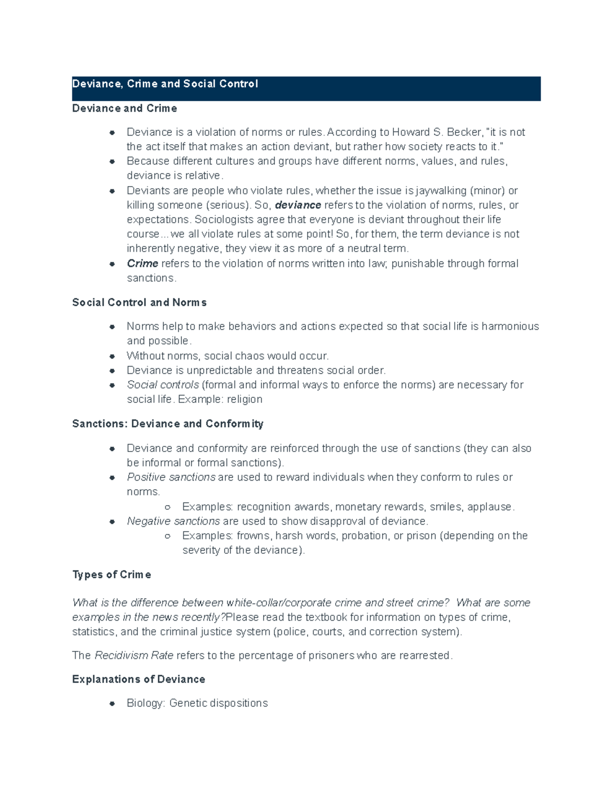 Sociology Notes 2 - Deviance, Crime and Social Control Deviance and ...