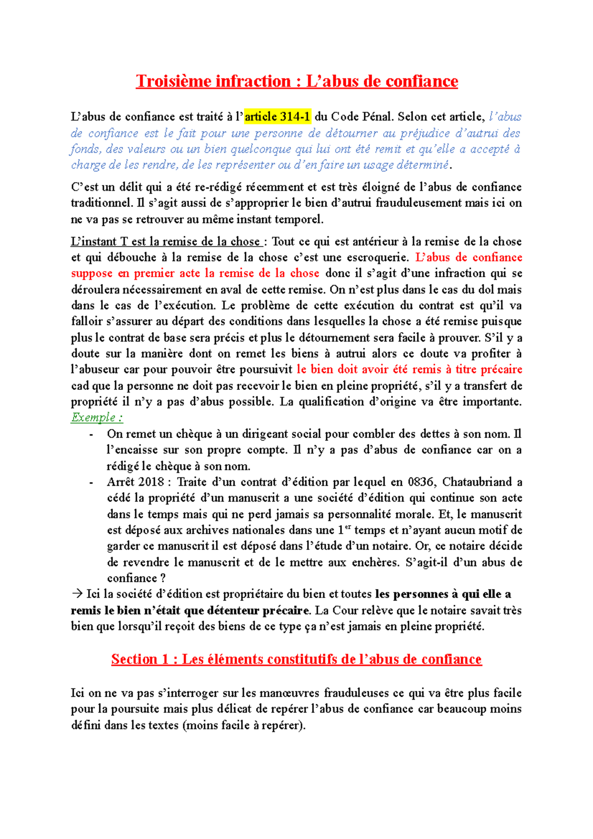 3- Abus de confiance - Troisième infraction : L’abus de confiance L’abus de confiance est traité ...