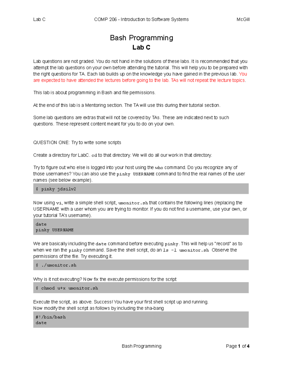 COMP206 - Lab C - Copy - tutorial work done with TA's to practice course materials. - Bash - Studocu