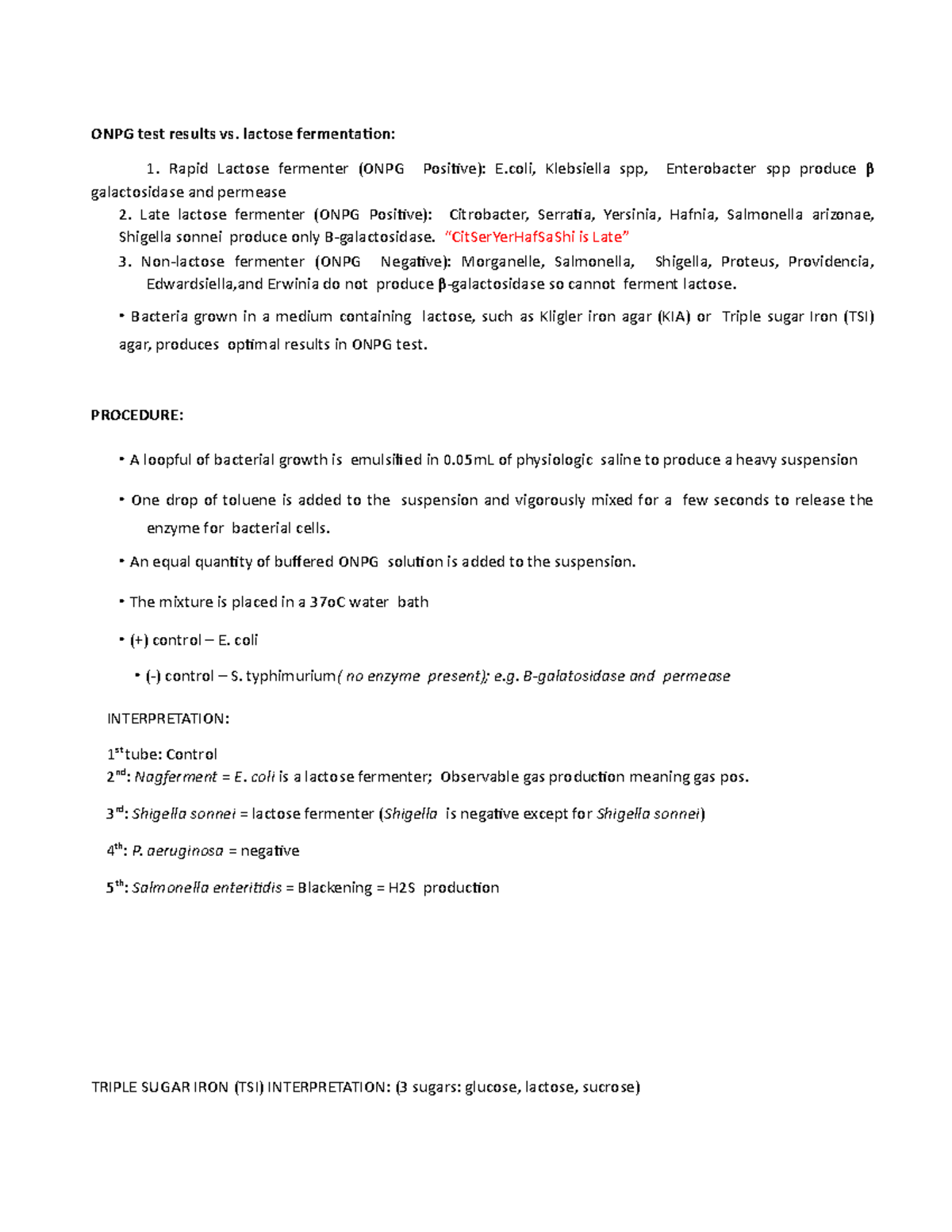 Different methods of ONPG - ONPG test results vs. lactose fermentation ...