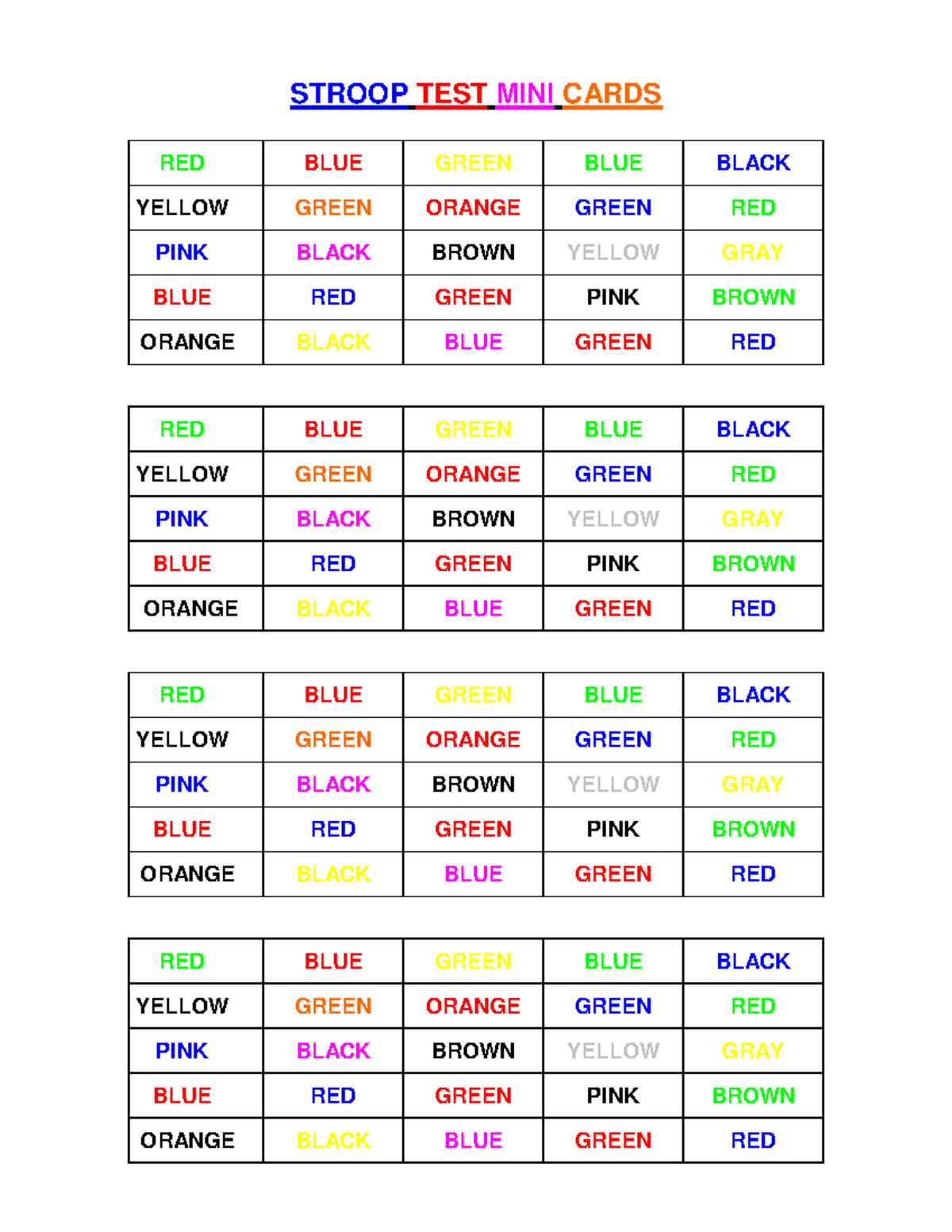 Ministroop - Mini Stroop Test - STROOP TEST MINI CARDS RED BLUE GREEN ...
