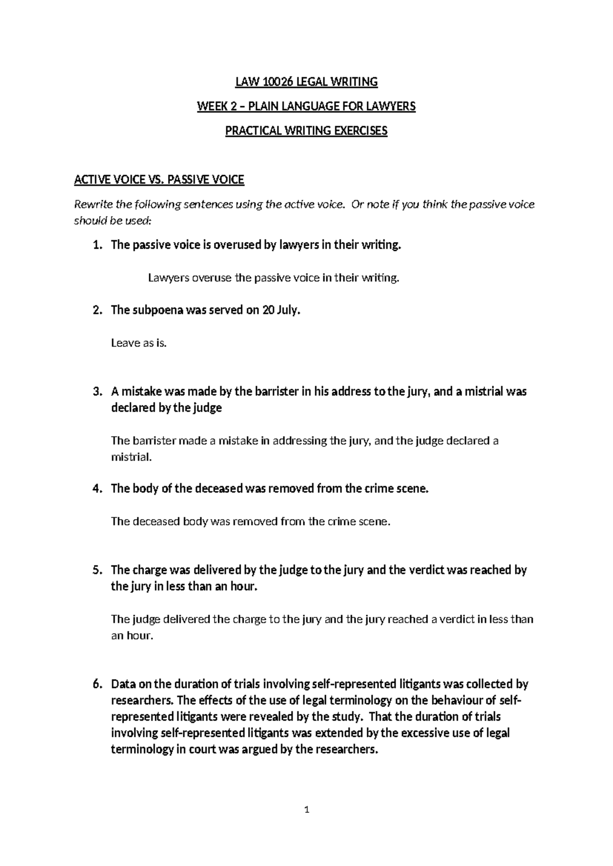 Week 2 - practical writing exercises - LAW 10026 LEGAL WRITING WEEK 2 ...