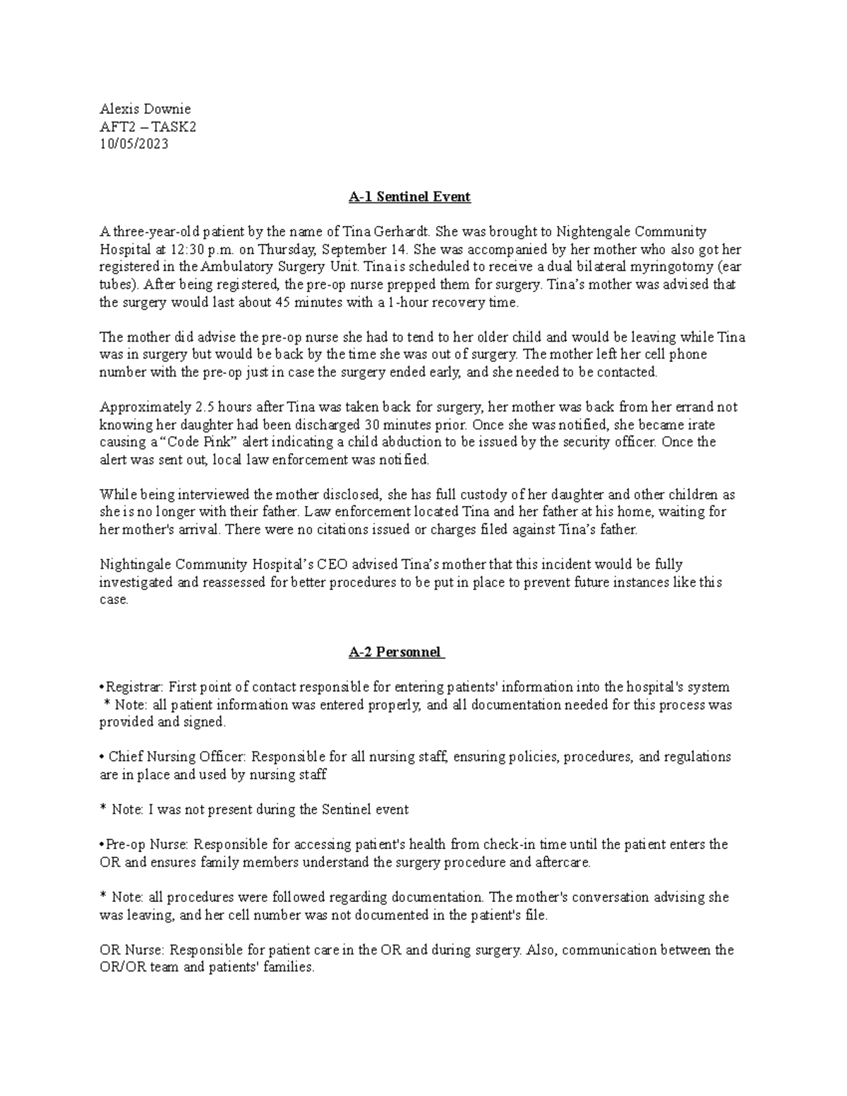 Task 2 - Alexis Downie AFT2 – TASK 10/05/ A-1 Sentinel Event A three ...