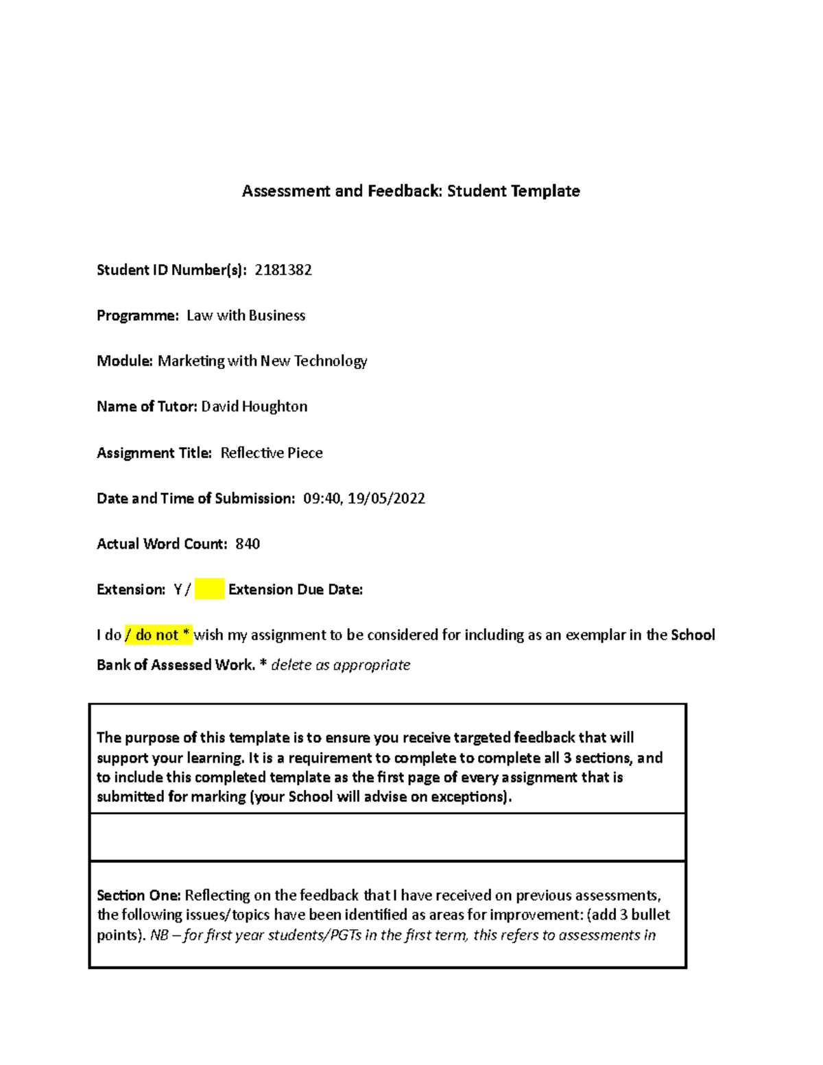 Digital reflective piece - Assessment and Feedback: Student Template ...