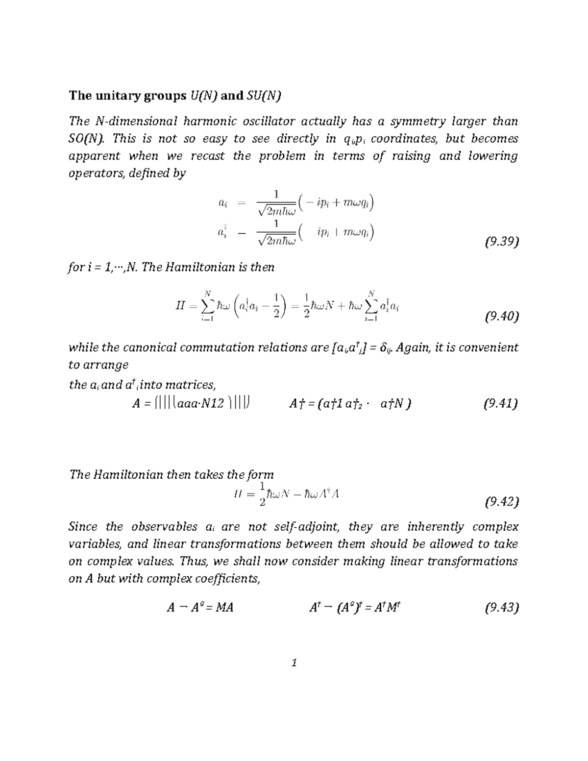 The unitary groups UN and SUN - The unitary groups U(N) and SU(N) The N-dimensional harmonic ...