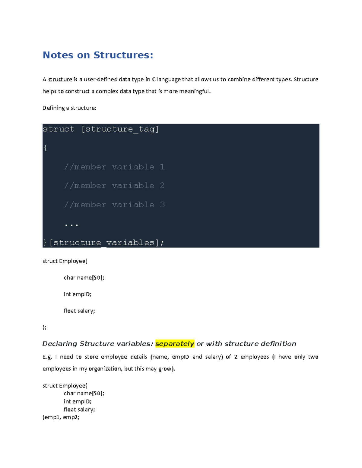 Note on Structures - this is the best example for algorithmic - Notes ...