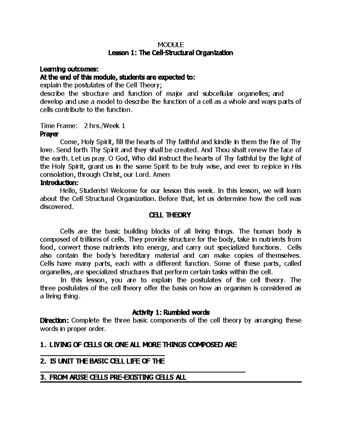 Lesson-1 - LEcture for biology lessons - MODULE Lesson 1 : The Cell ...