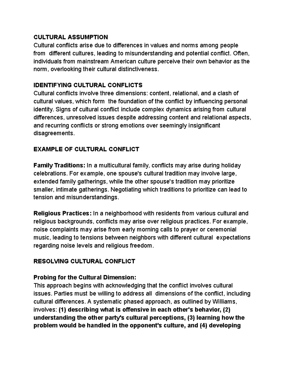WEEK 10 - lecture notes - CULTURAL ASSUMPTION Cultural conflicts arise ...