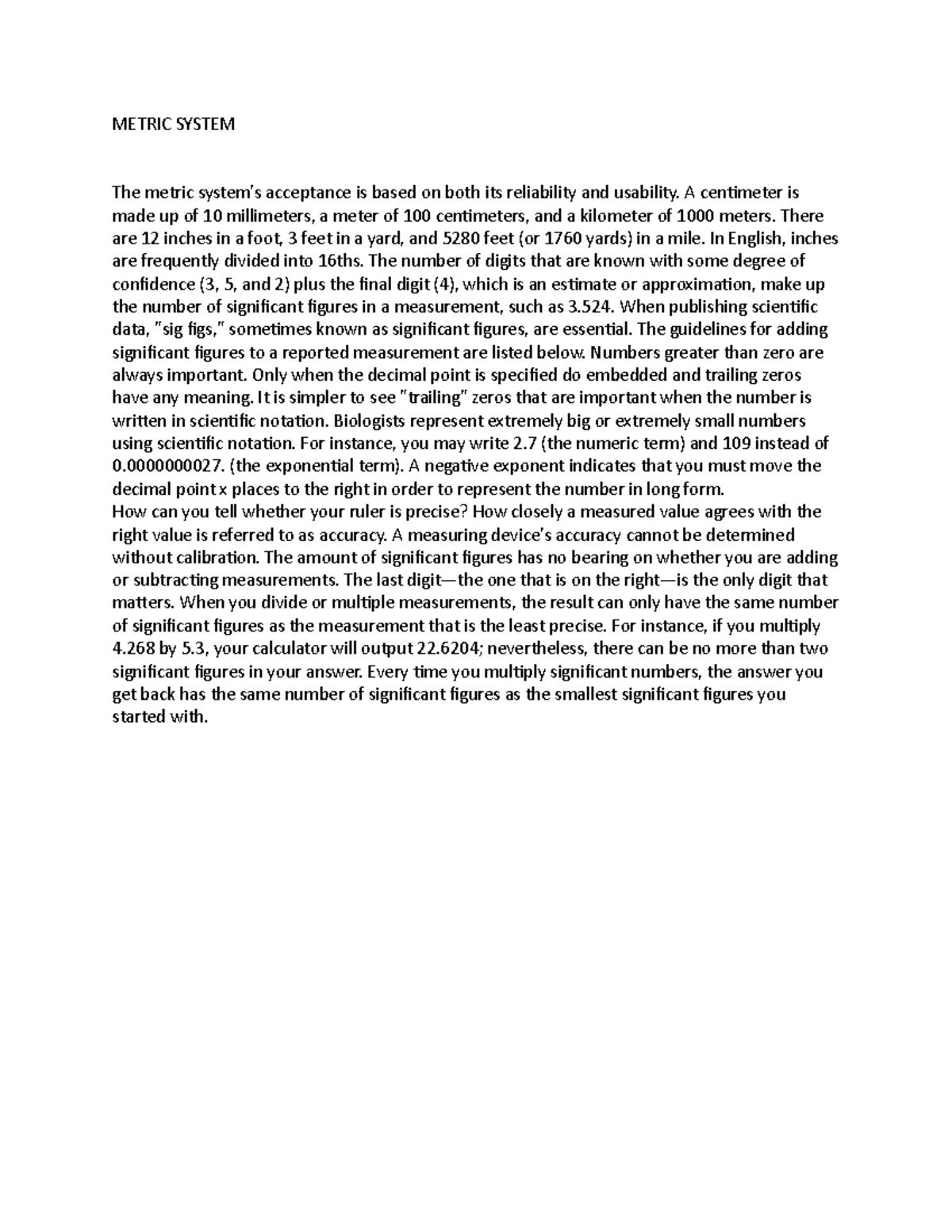 Metric System - Detailed chapter summary curated to help understand ...