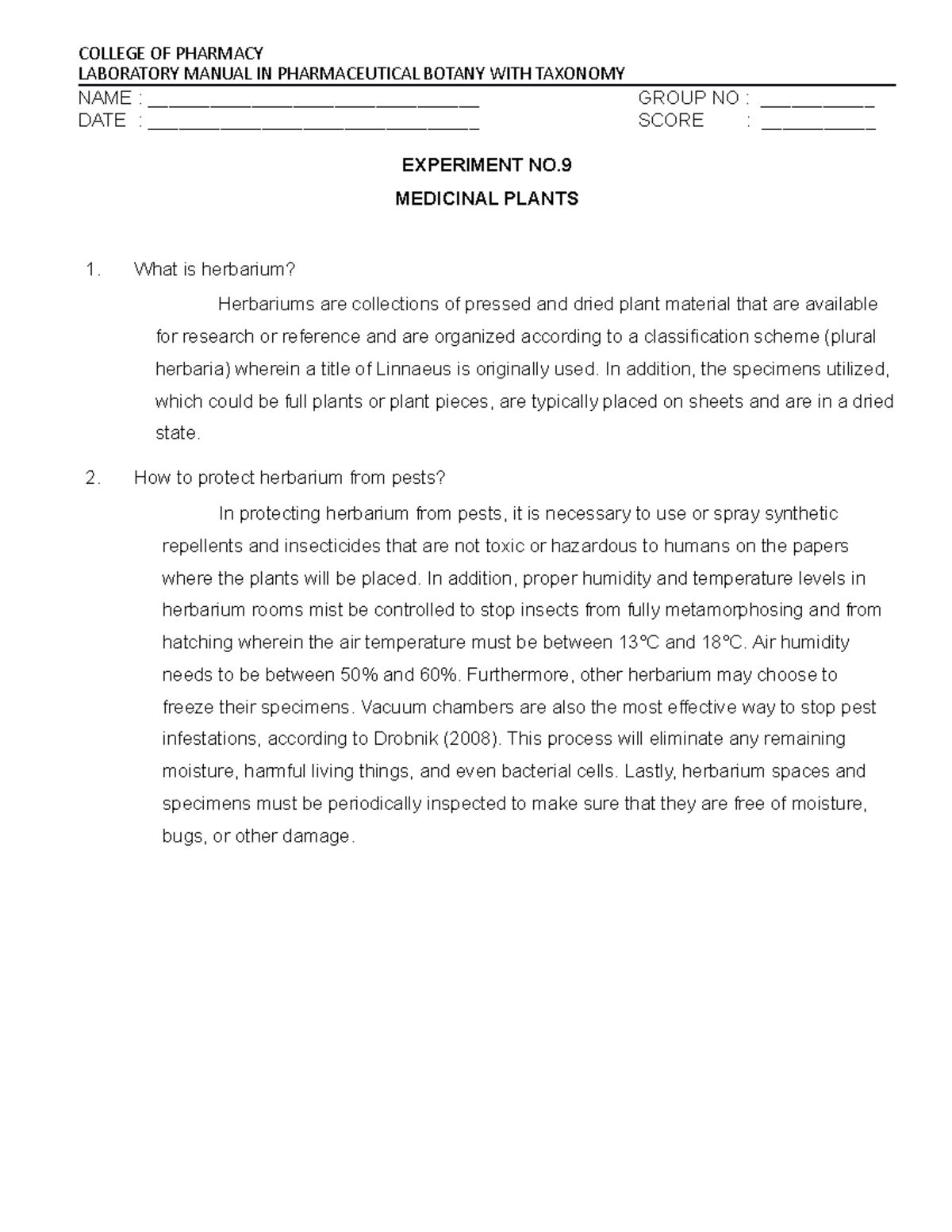 PBOT - Medicinal Plants - COLLEGE OF PHARMACY LABORATORY MANUAL IN PHARMACEUTICAL BOTANY WITH ...