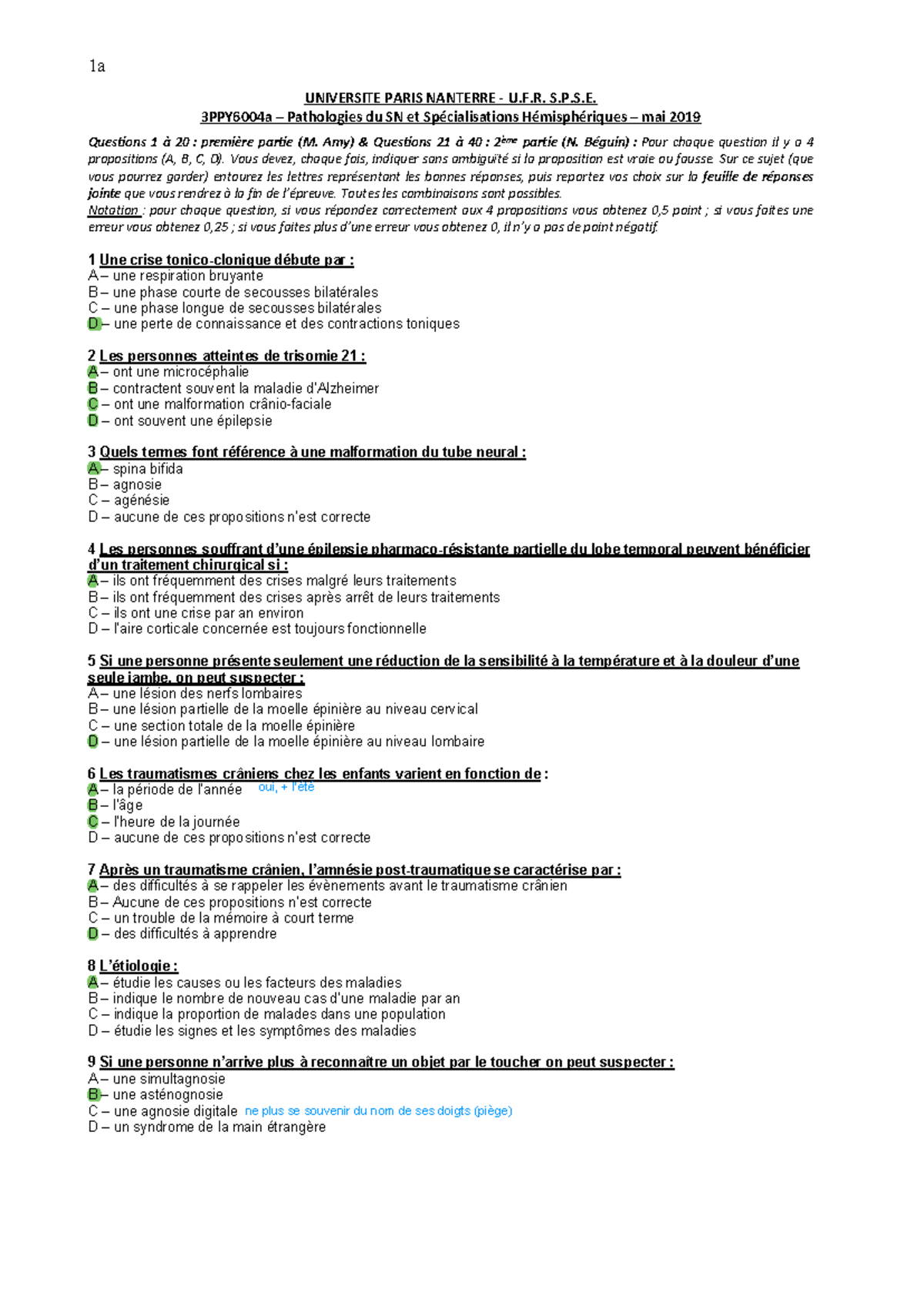 Corrections exemple de questions d'examens - 1a UNIVERSITE PARIS ...