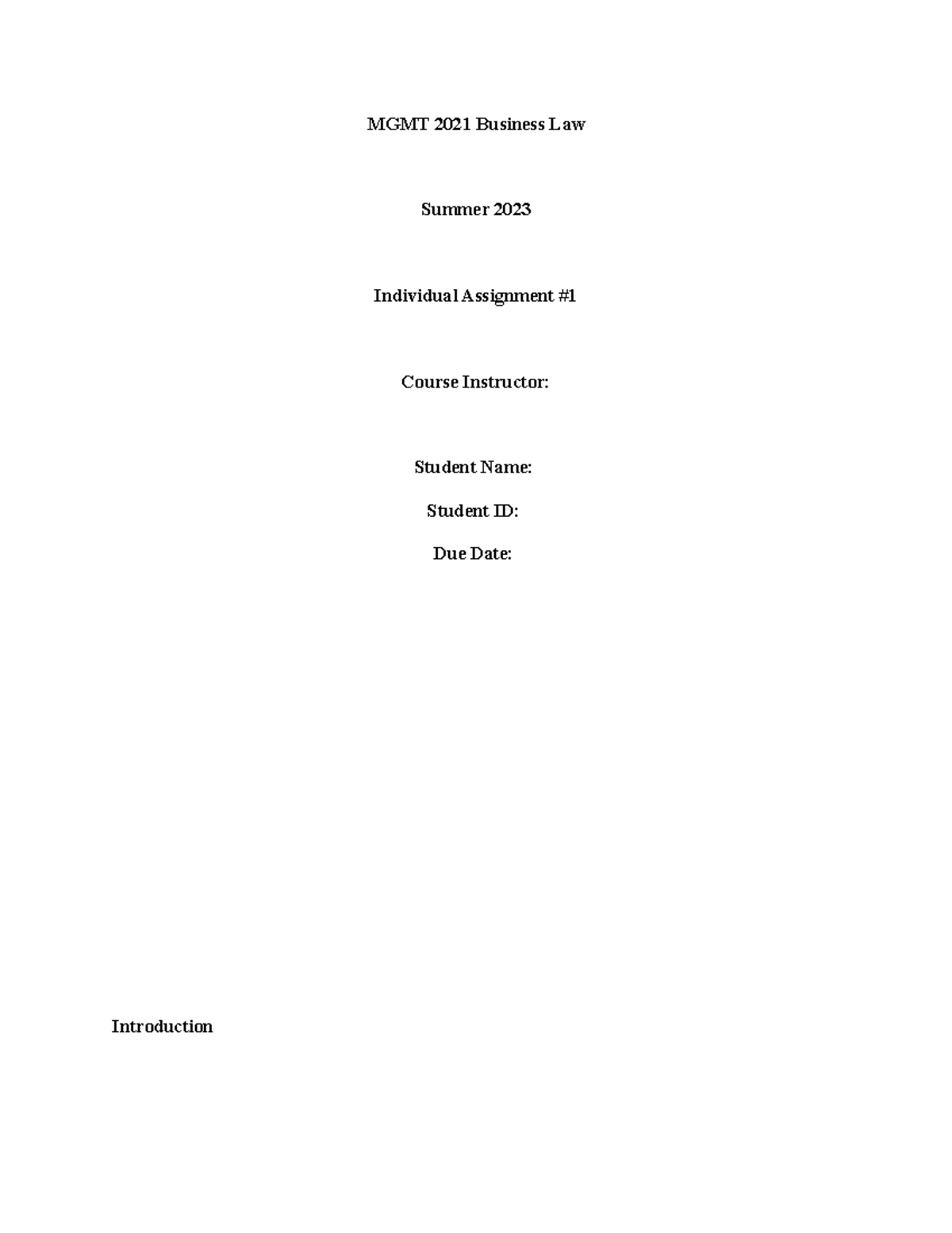 MGMT 2021 Business Law Assignment - MGMT 2021 Business Law Summer 2023 ...