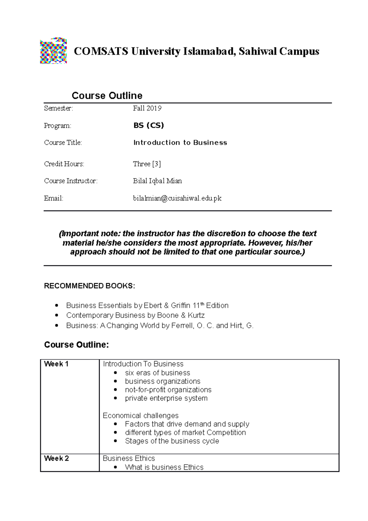 Introduction to Business (BSCS) - Bilal Mian - COMSATS University ...