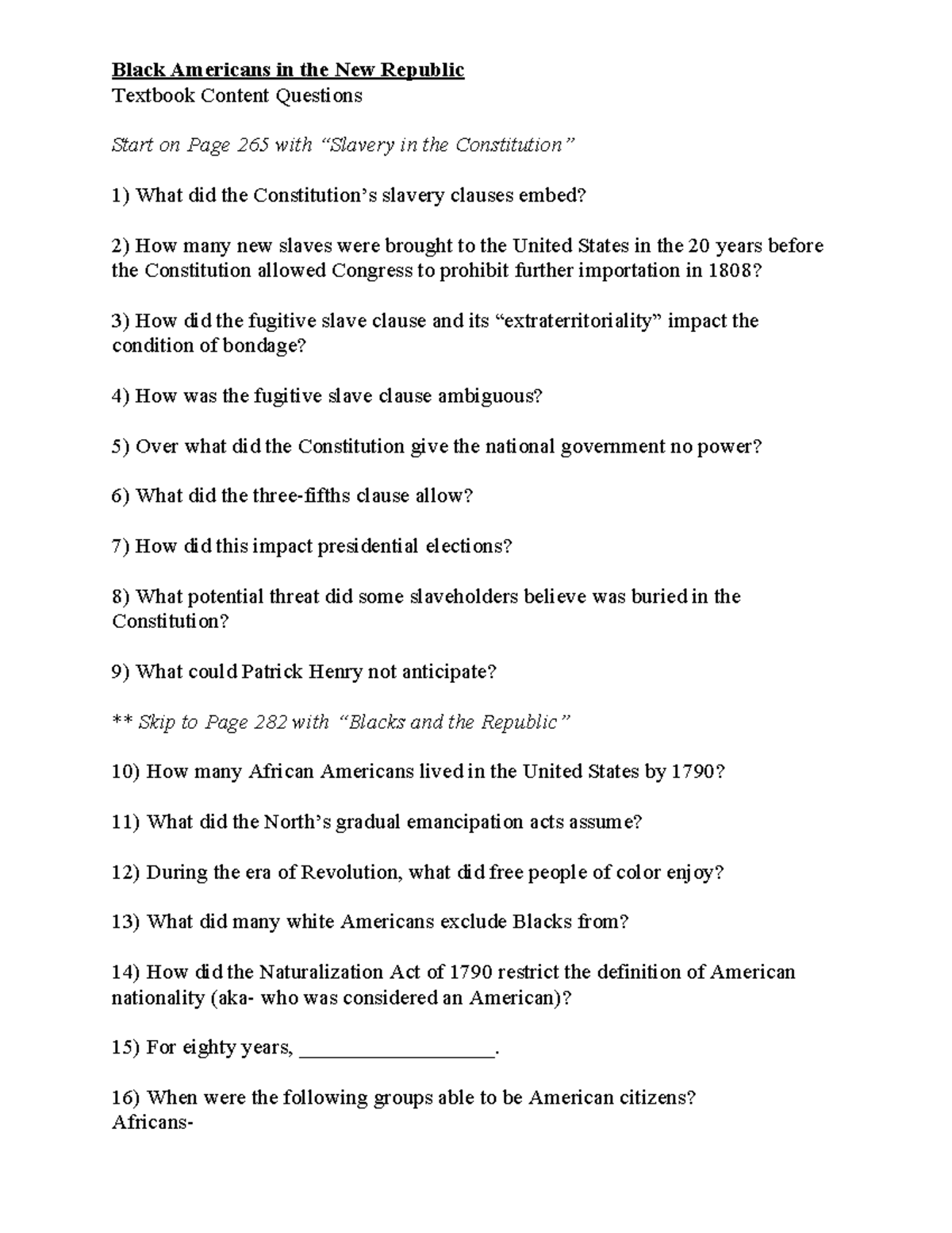 M4 Textbook Content 2- Black Americans in the New Republic Questions ...