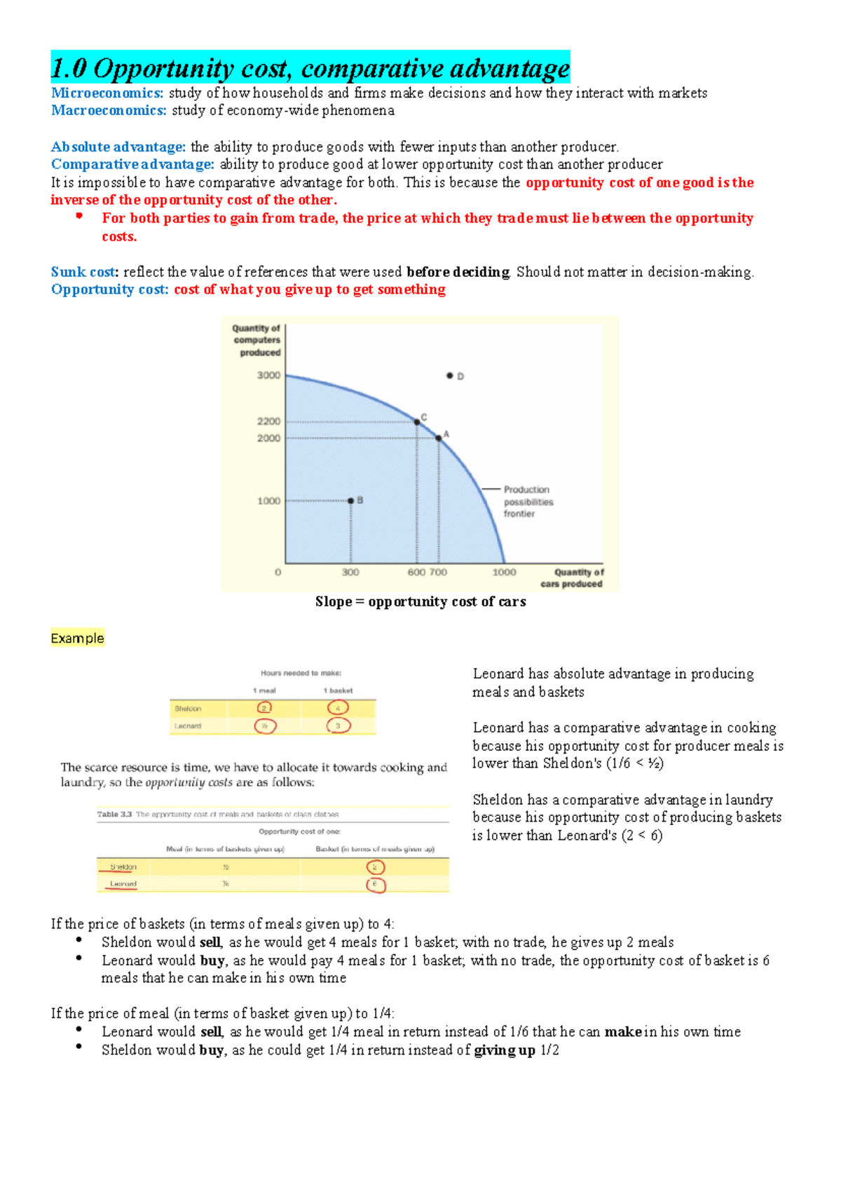 ECON10004 summary - 1 Opportunity cost, comparative advantage ...