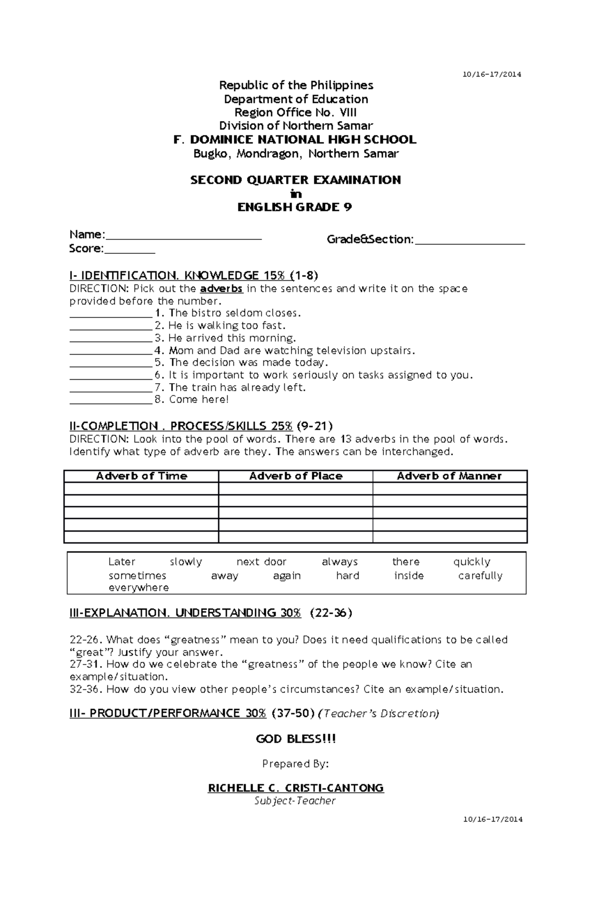 Tos english 9 2nd quarter - Republic of the Philippines Department of ...