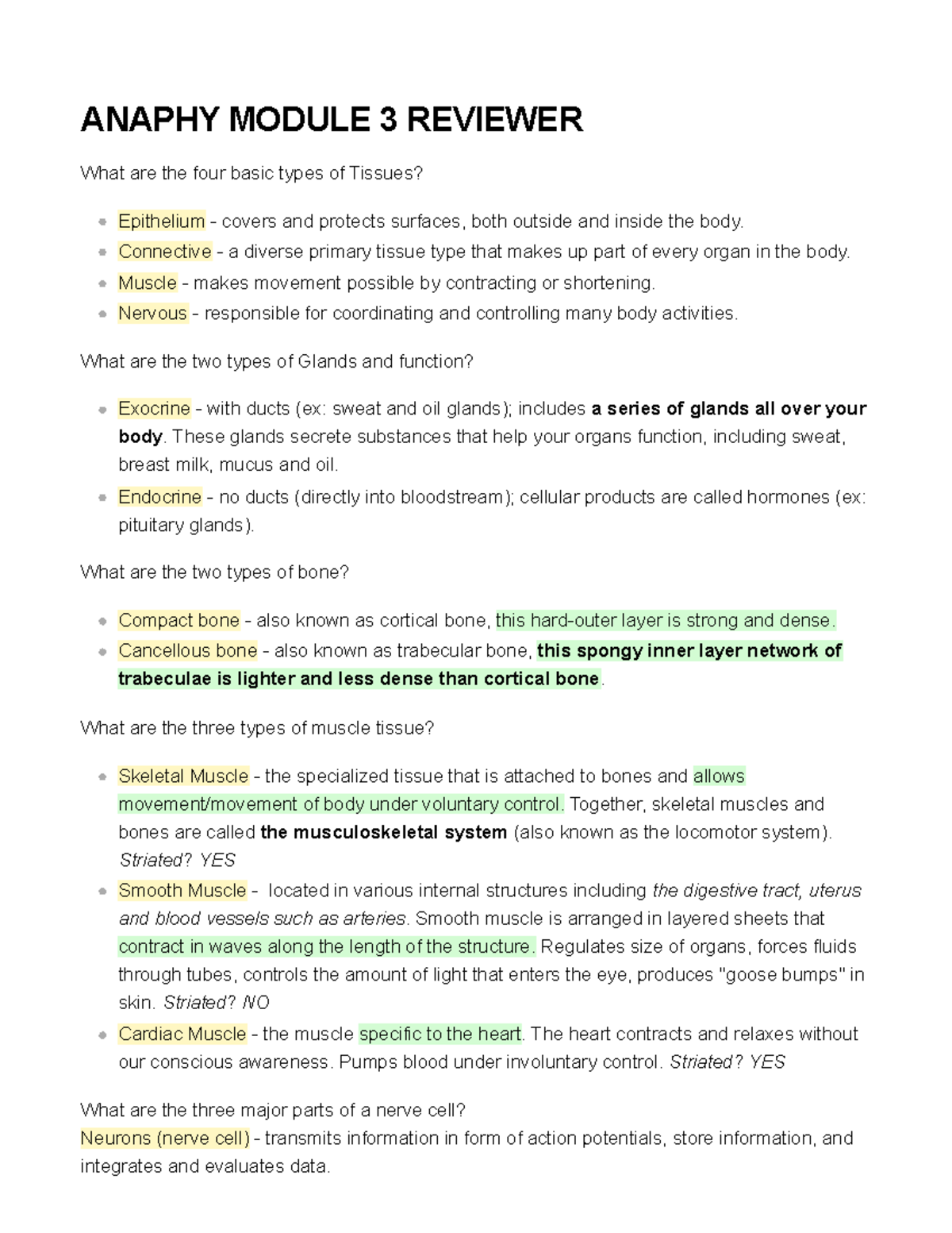 Anaphy Module 3 Reviewer - ANAPHY MODULE 3 REVIEWER What are the four ...