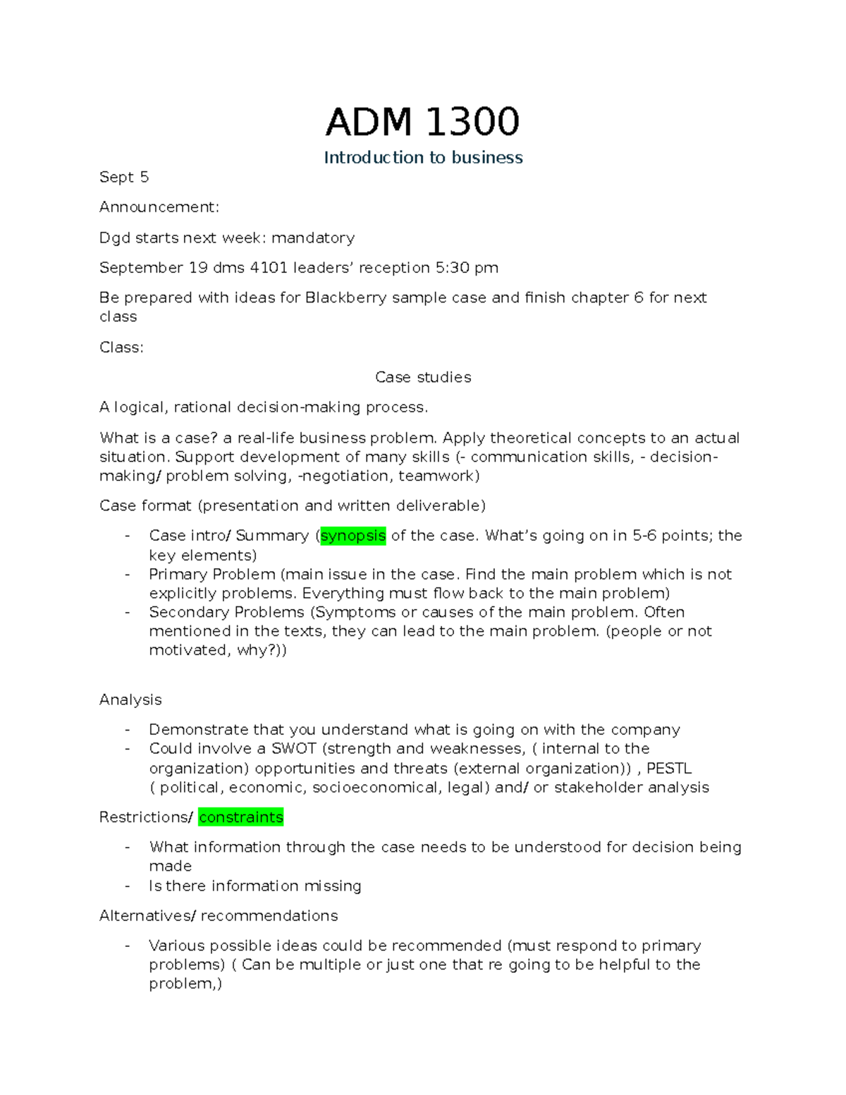 ADM 1300 - These are all the lecture notes pre-midterm - ADM 1300 ...