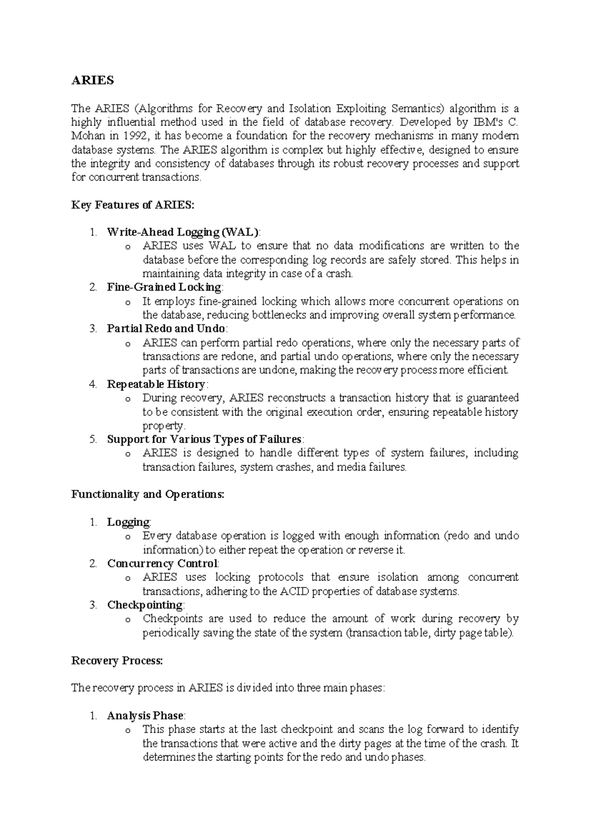 Aries-doc - Summary Database Management System - ARIES The ARIES (Algorithms for Recovery and ...