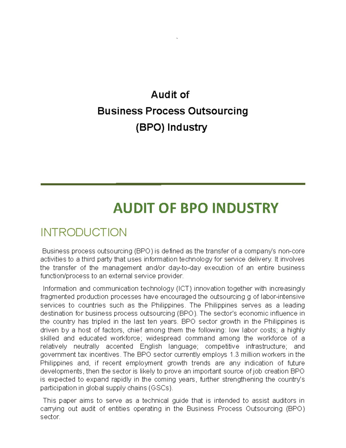 Audit OF BPO Industry - Lecture Notes - ` Audit of Business Process ...