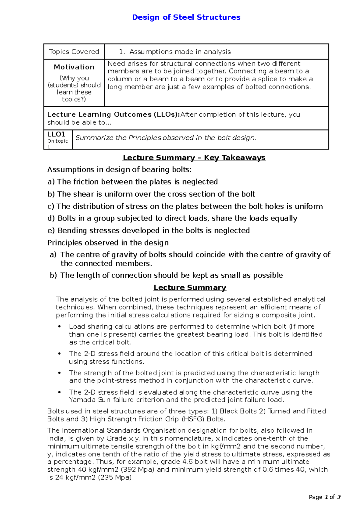 Assumptions made in analysis - Design of Steel Structures Topics ...