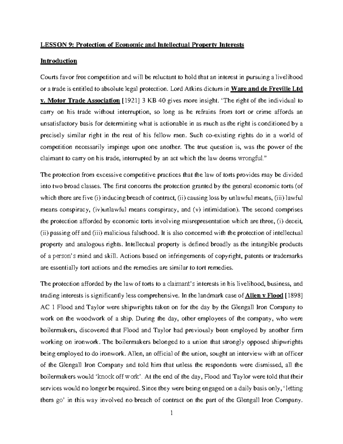 Lecture 9 - Protection of Economic and Intellectual Property Interests ...