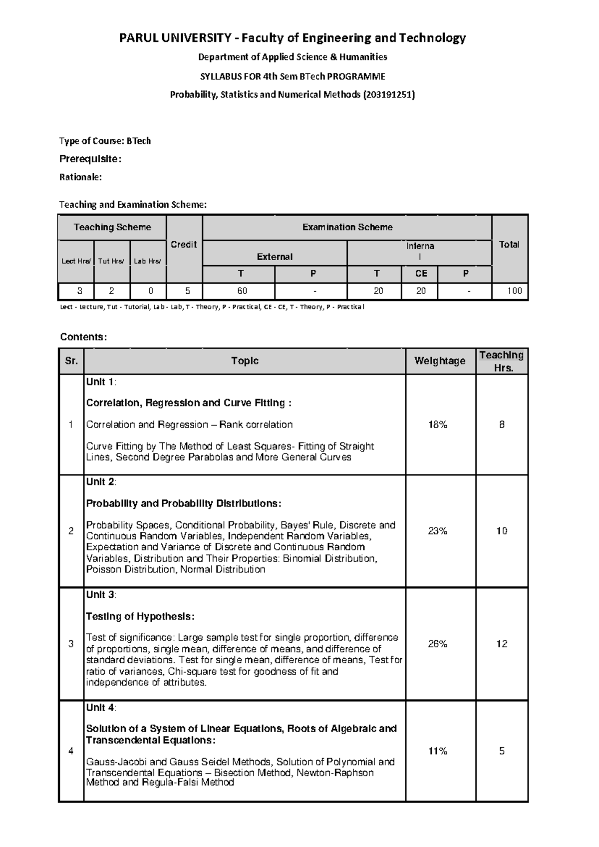 Probability, Statistics and Numerical Methods (Syllabus - PARUL ...