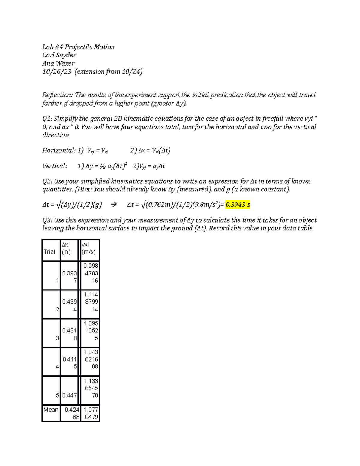 Lab 4 Projectile Motion AVW - Lab #4 Projectile Motion Carl Snyder Ana ...