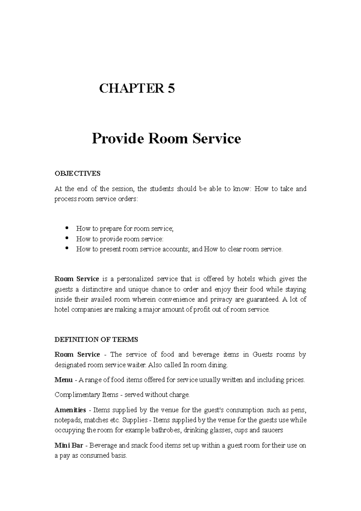 Fbs-module-2 - for study - CHAPTER 5 Provide Room Service OBJECTIVES At ...