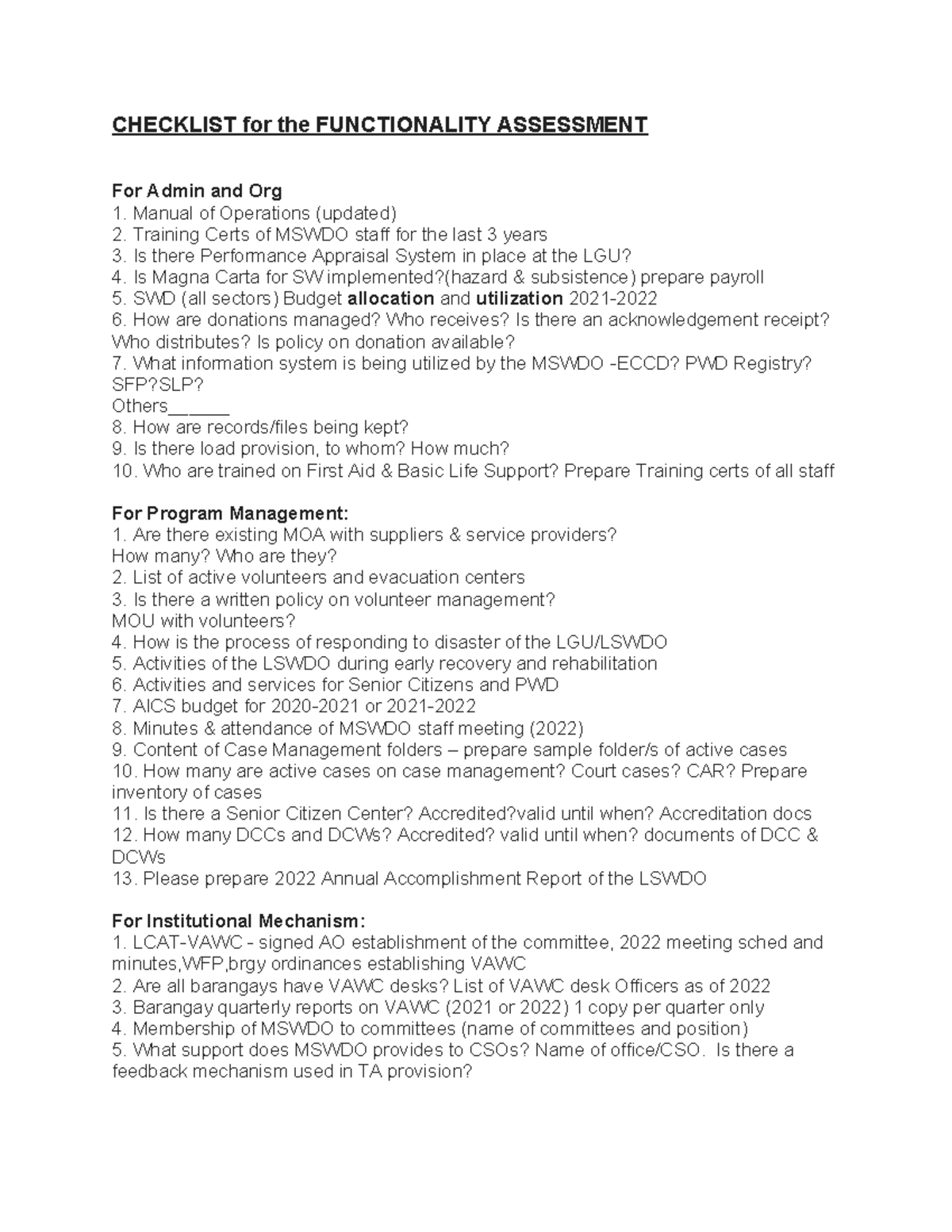SDCA Checklist - sass - CHECKLIST for the FUNCTIONALITY ASSESSMENT For ...