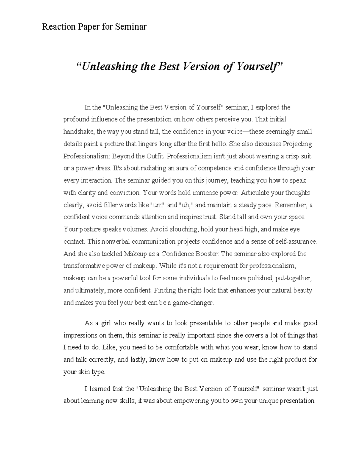 Unleashing the Best Version of Yourself - Reaction Paper for Seminar ...