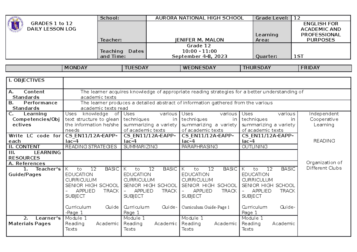 2 - Daily Learning Plan - GRADES 1 to 12 DAILY LESSON LOG School ...